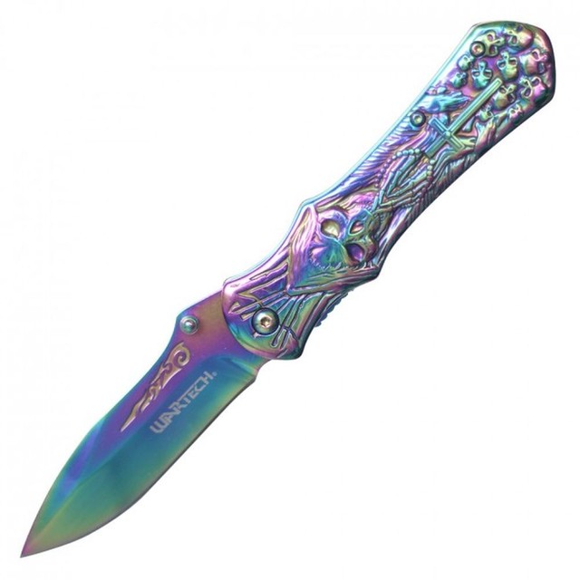 Spring-assist Folding Pocket Knife WarTech Rainbow Catholic Cross Grim ...