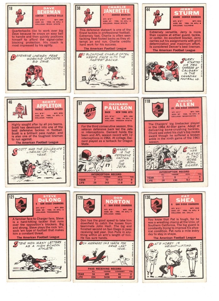 1966 Topps Football 9 cards lot 4 Chargers 2 Broncos Jets Bills Oilers ...