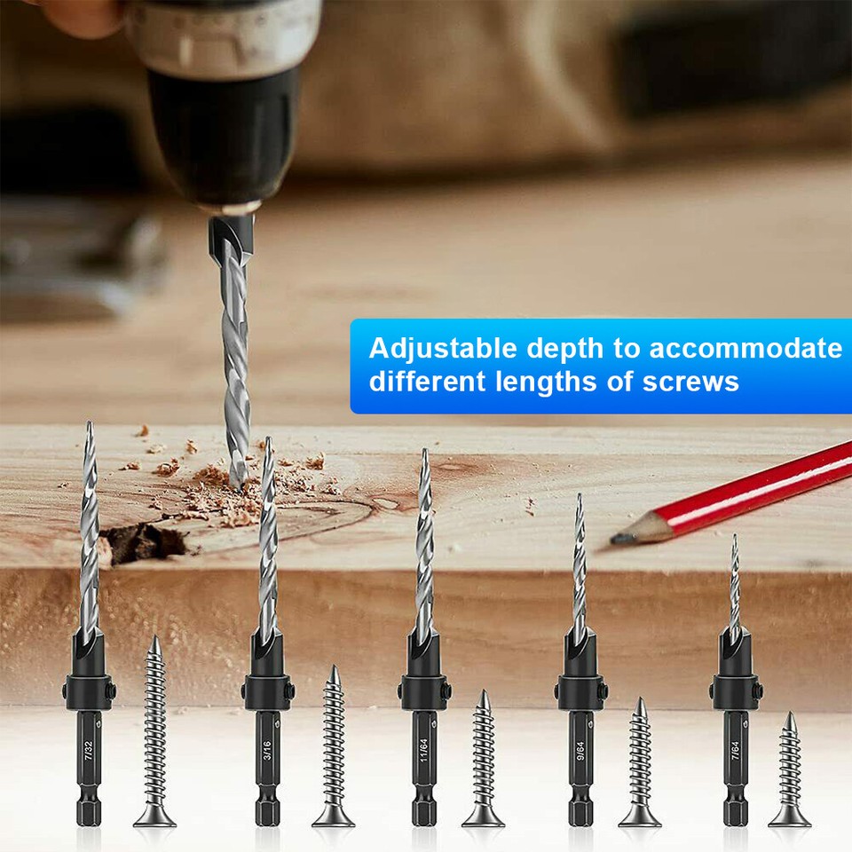 5pack Tapered Drill Countersink Bit Screw Set Wood Pilot Hole Tools ...