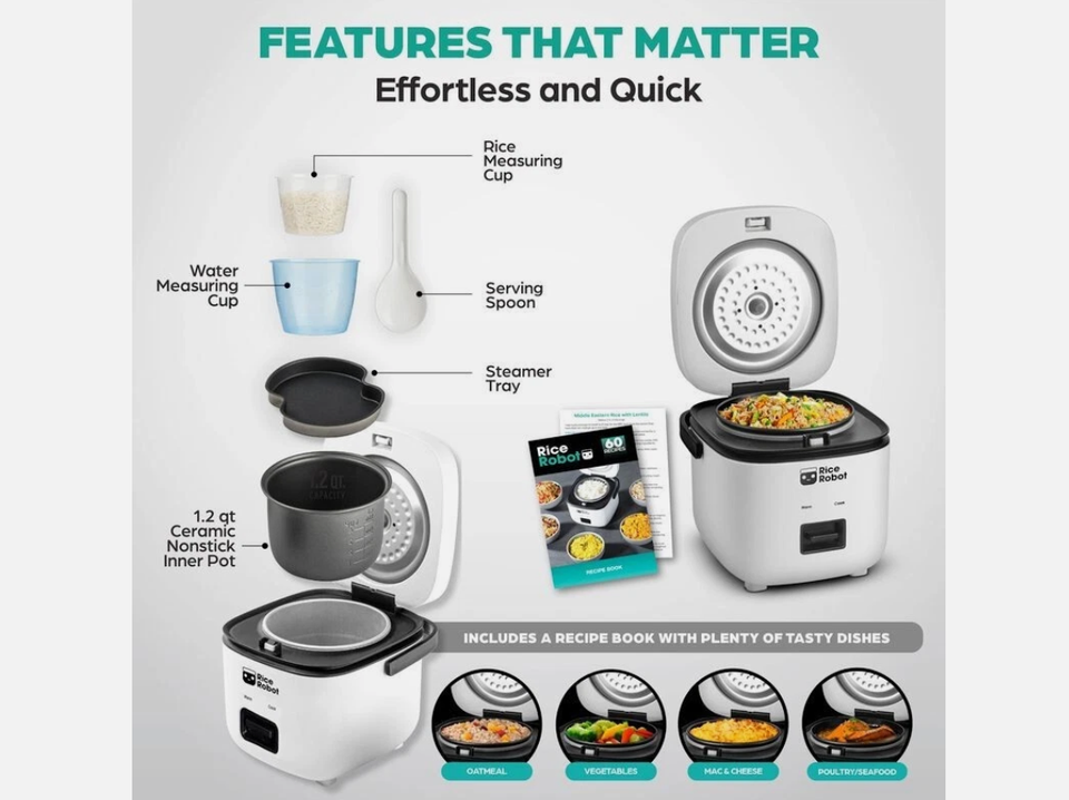 Rice Robot 4 Cup White Space Saving Rice Cooker with Ceramic Nonstick ...