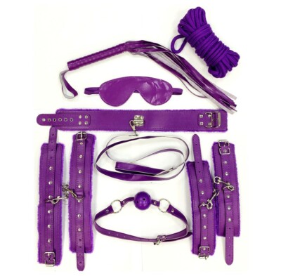 Purple Bondage Set Restraints Fetish Handcuff Gag Bed Kit Rope Ankle ...