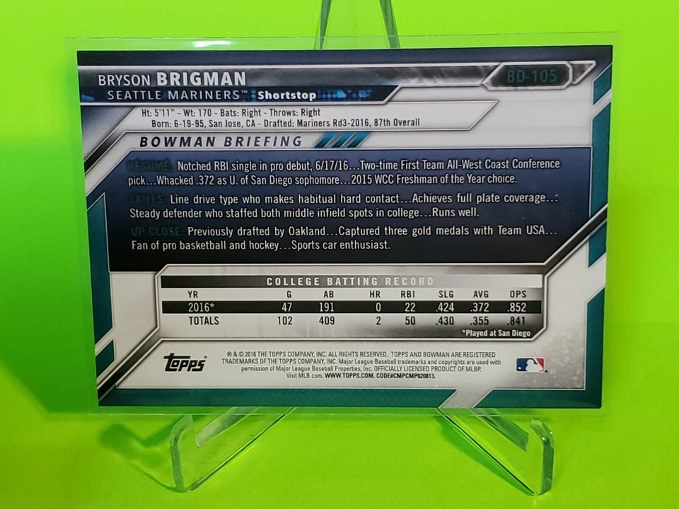 2016 Bowman Draft Silver Bryson Brigman #BD-105 Seattle Mariners 1st ...
