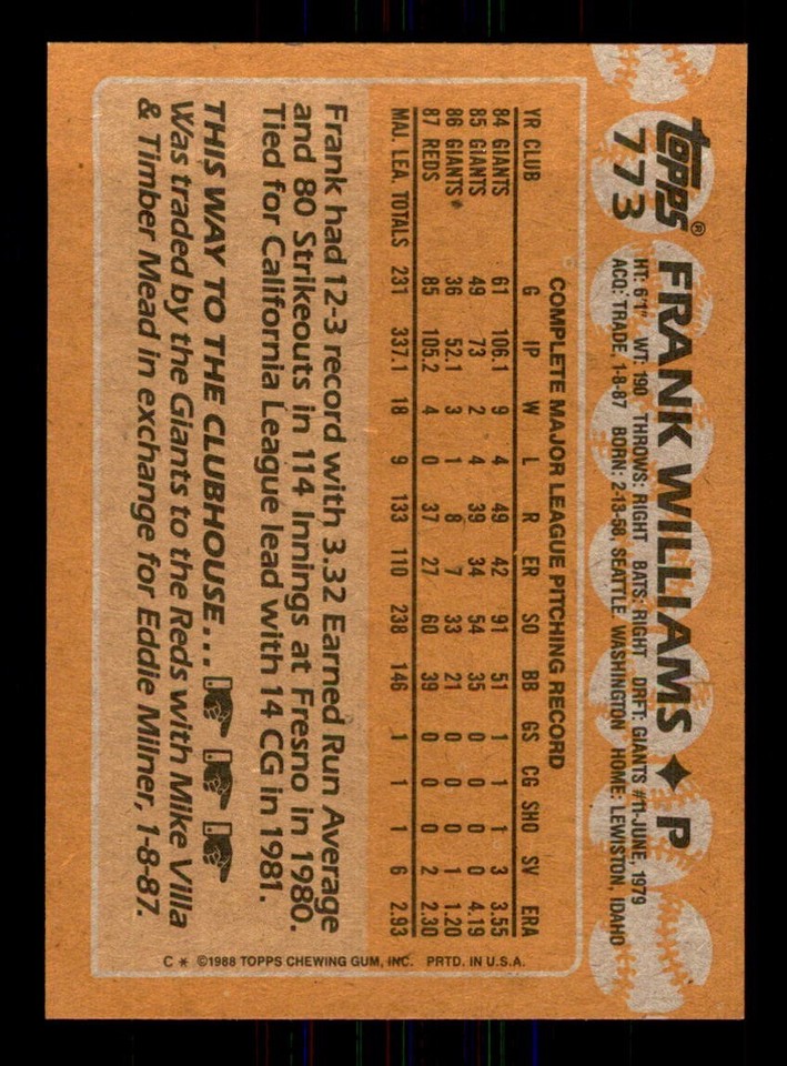 1988 Topps Baseball #773 Frank Williams NM or Better *cc1 | eBay