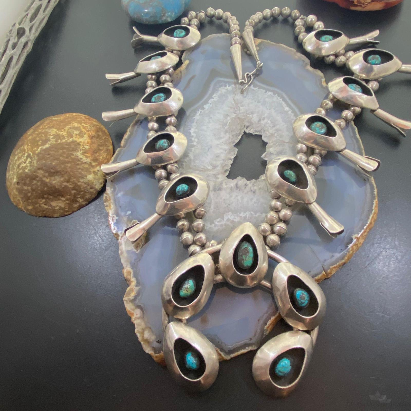 Native American Silver Shadow Box Turquoise Squash Blossom Necklace 31 ...