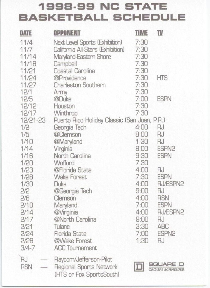 1998-99 NC State Basketball Pocket Schedule NCSU Archie Miller North ...