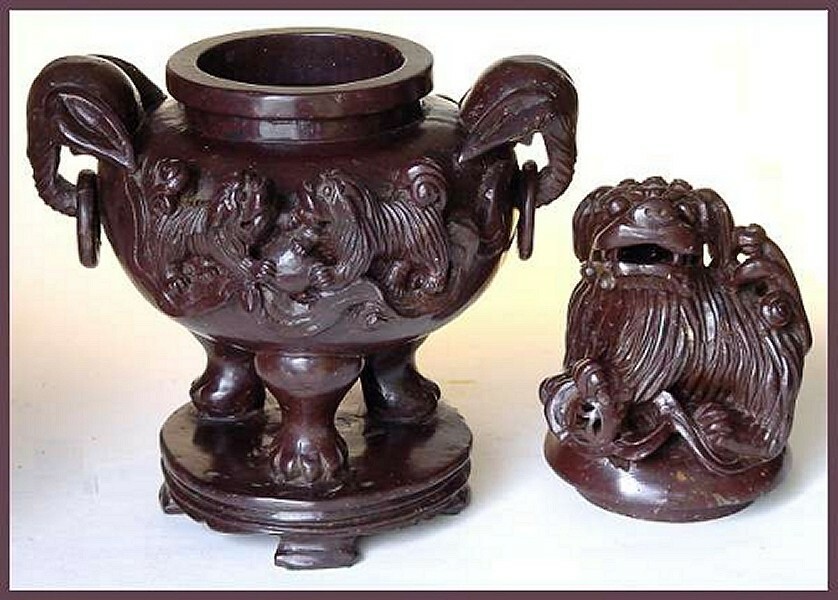 Large hand-carved dark brown antique Chinese soapstone censor Greatly ...