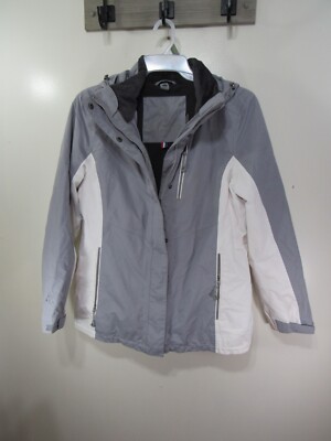 Womens Gerry Coat Size L Gray White Zipper Front Pockets Hood | eBay