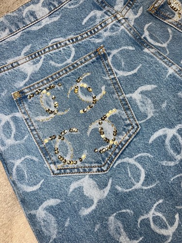 Chanel 23B Runway Light Blue Denim White CC Print Logo Baggy Oversized ...