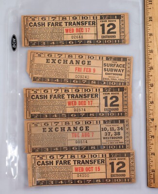 Lot of 5 Vintage Philadelphia Transit Co. Tickets Fare Transfer Surface ...