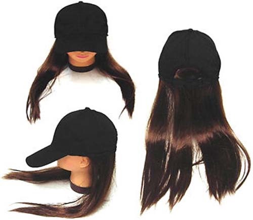 LONG BROWN FAKE LONG HAIR BASEBALL CAP costume hats ball caps gag ...