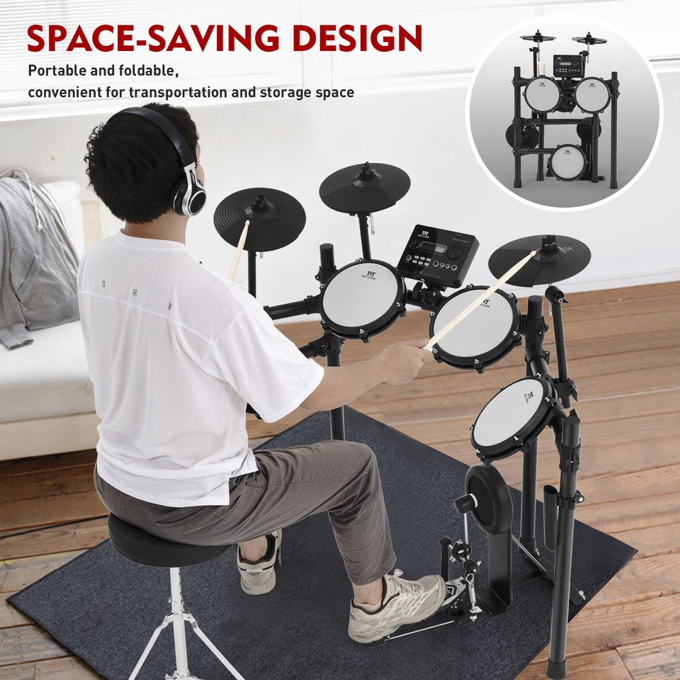 Electric Drum Set Mesh Pads Dual Zone Snare w/ USB MIDI, 2 Pedals ...