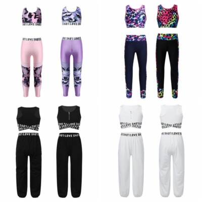 Kids Girls Crop Top Sets Slim Vest Pants Workout Tracksuit Gymnastics ...