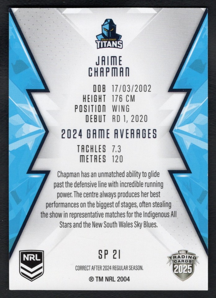 2025 NRLW BEST & LESS SPECIAL EDITION SILVER CARD - SP21 Jaime CHAPMAN ...