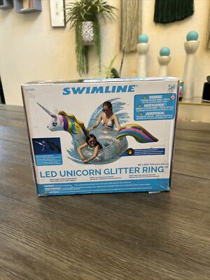 Swimline LED Unicorn Glitter Inflatable Pool Ring Floatie NEW 68" x 36. ...