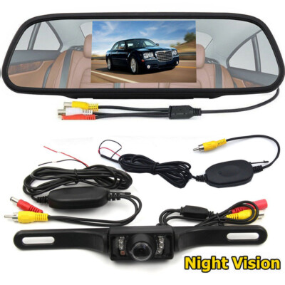 4.3" LCD Mirror Monitor IR Night Vision Backup Camera Wireless Car Rear ...