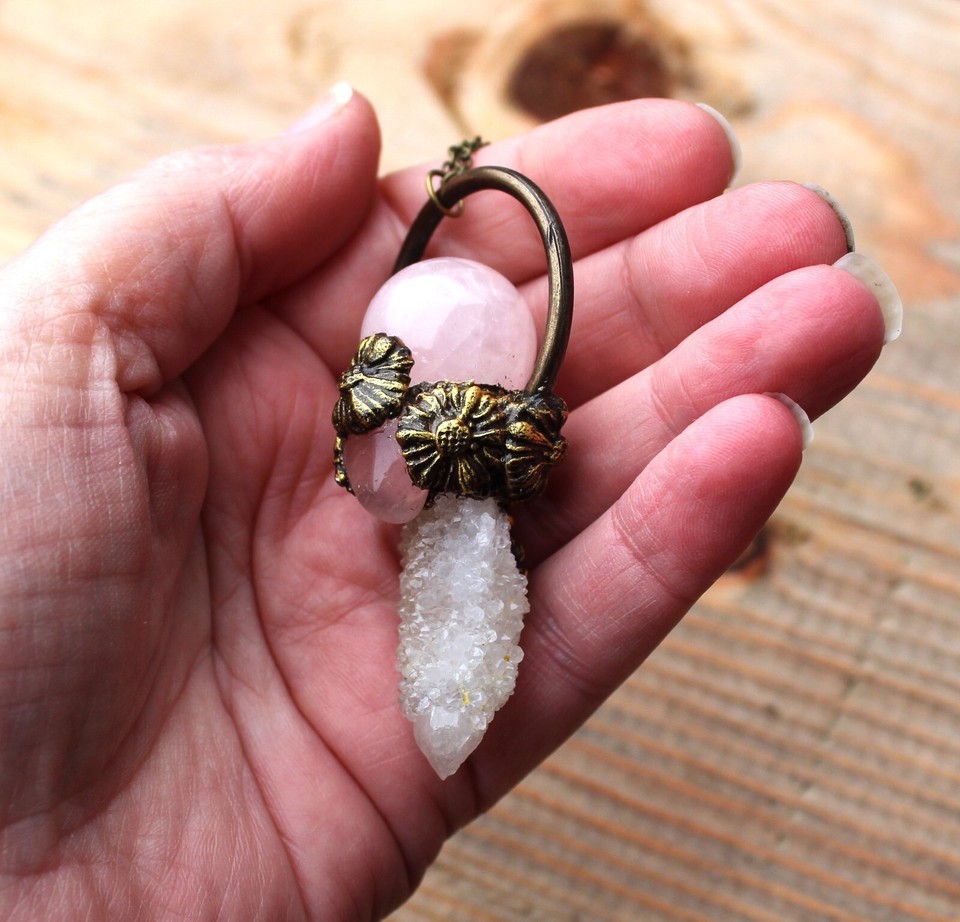 Wand Pendant Rose Quartz/Spirit Quartz gemstone pendant, crystals ...