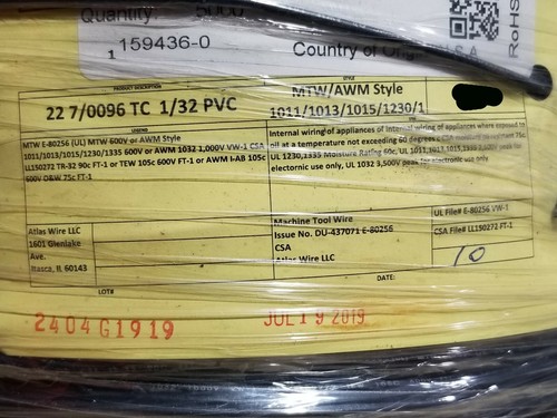 Atlas Wire #22awg Stranded Tinned Copper Hook Up Wire UL1015/1230 Black ...