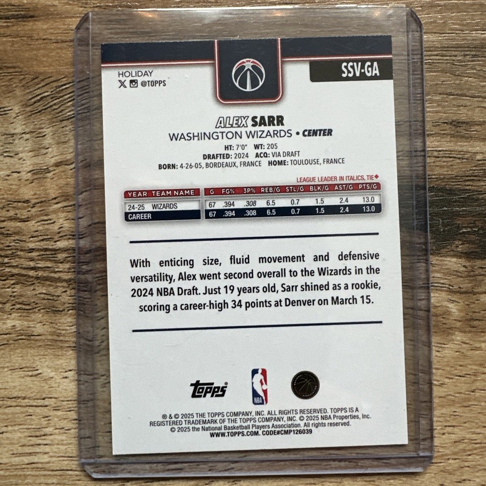 25/26 Topps Holiday Alex Sarr Snow Scene Variation WIZARDS! Card# SSV ...
