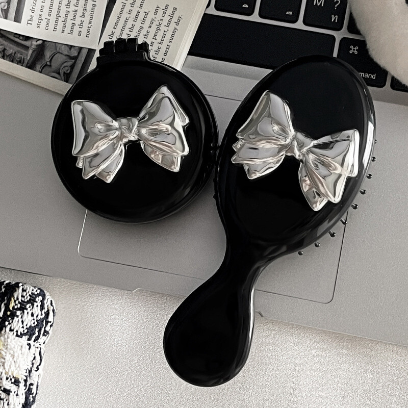 Black Folding Mirror Comb With Mirror Bowknot Massager Air Cushion Comb ...