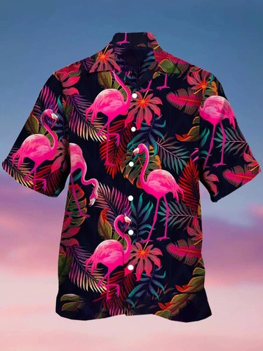 Flamingo Flower Hawaiian Shirt Men Aloha Summer Beach Button Down Holiday Party | eBay