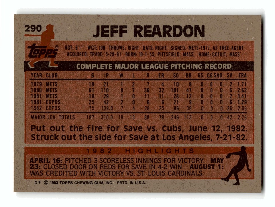 Jeff Reardon 1983 Topps #290 Montreal Expos EX-MINT | eBay