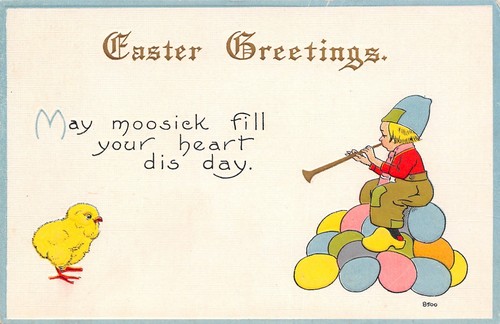 Easter~Moosick Fill Your Heart~Boy on Pile of Colored Eggs Plays Horn ...