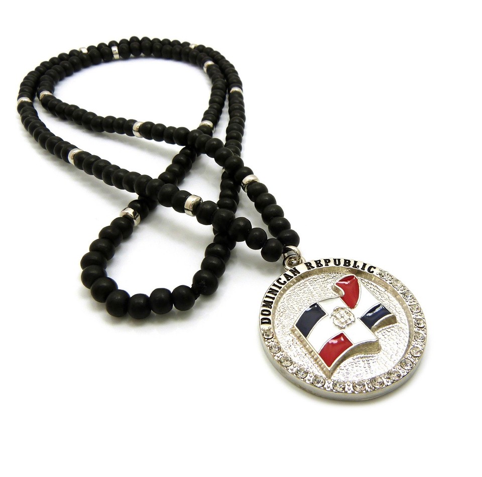 NEW DOMINICAN REPUBLIC PENDANT & 30" WOODEN BEAD CHAIN HIP HOP ...