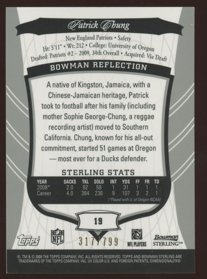 2009 Bowman Sterling Patrick Chung Rookie /799 New England Patriots #19 ...