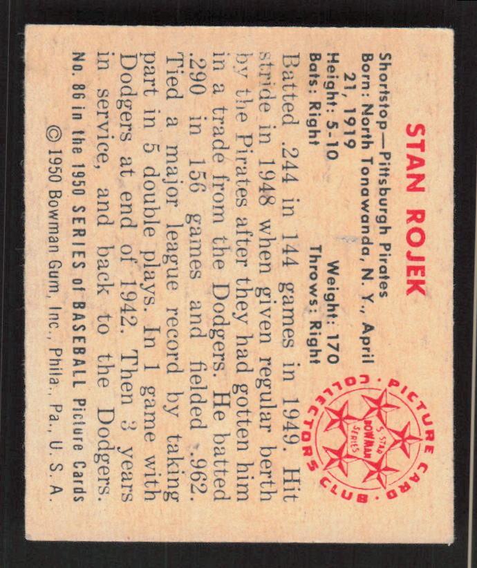 1950 BOWMAN STAN ROJEK 86 FAIR BASEBALL PITTSBURGH PIRATES | eBay