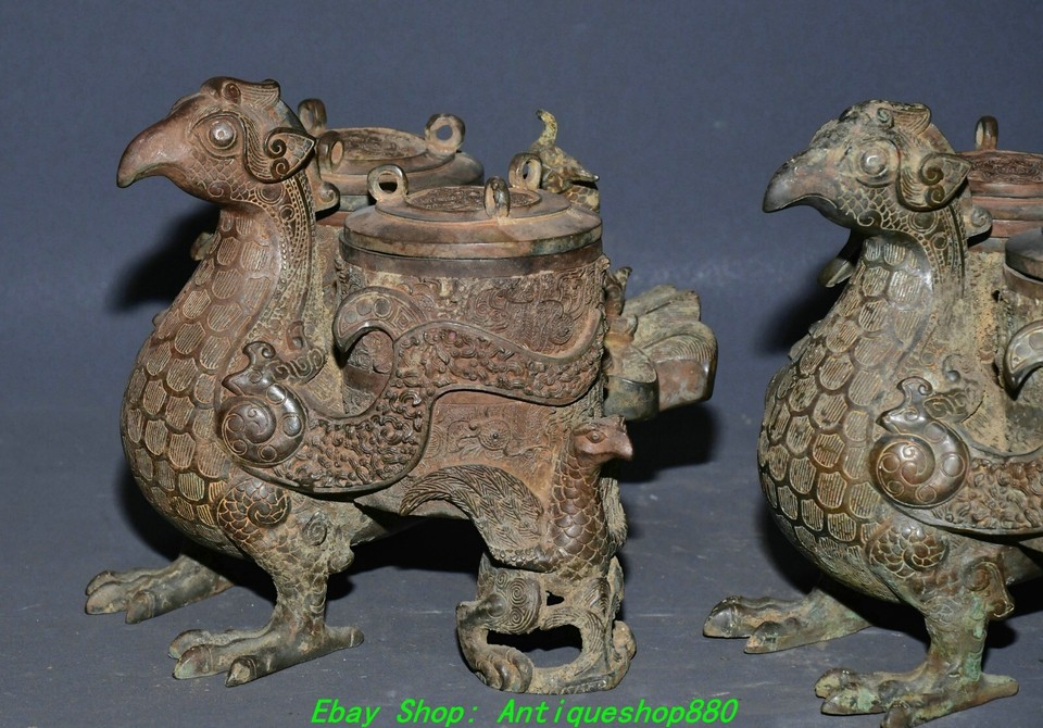 7''Antique Chinese Bronze Ware Dynasty Phoenix Bird Container ...