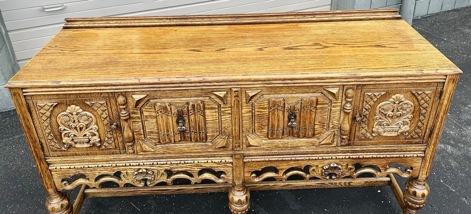 Jacobean English Revival Carved Oak Buffet Sideboard Credenza Antique ...