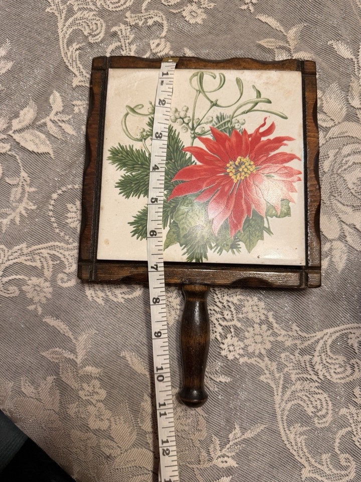 Vintage Poinsettia Tile Trivet Wood Handle Ceramic Hot Plate Christmas ...
