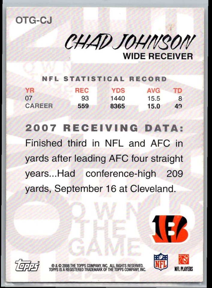 2008 TOPPS OWN THE GAME CHAD JOHNSON CINCINNATI BENGALS #OTG-CJ | eBay