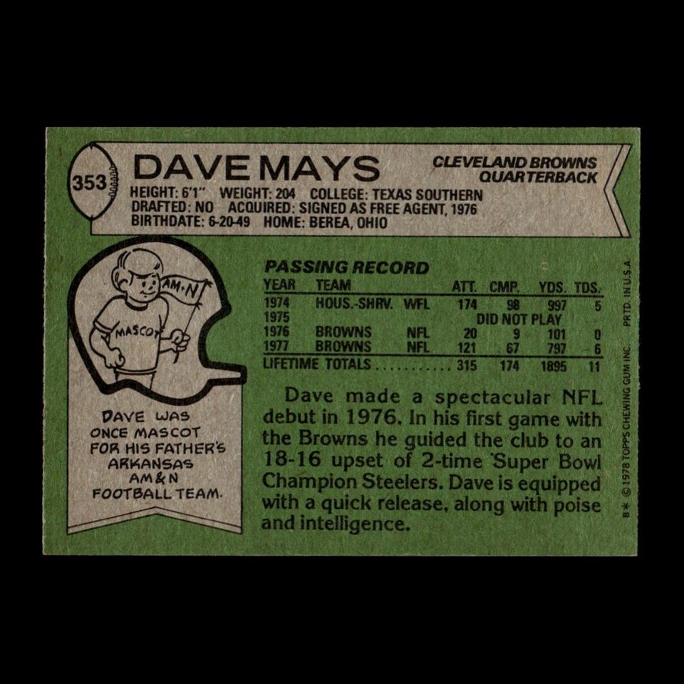 Dave Mays 1978 Topps Rookie Cleveland Browns #353 R309B 3 | eBay