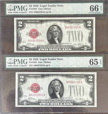 1928 $2 Small Legal Tender Notes Consecutive Notes #1501 PMG 66 & 65 ...