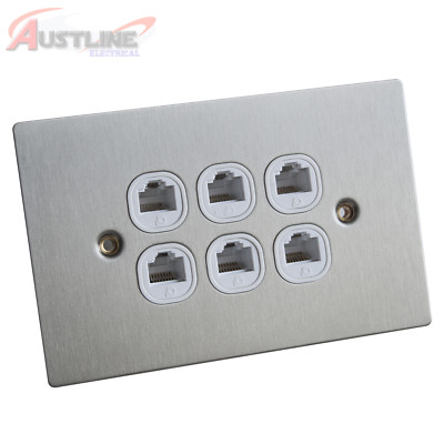 RJ45 Cat6 Cat6a 6Port Flat Brushed Stainless Steel Clipsal Style Wall ...