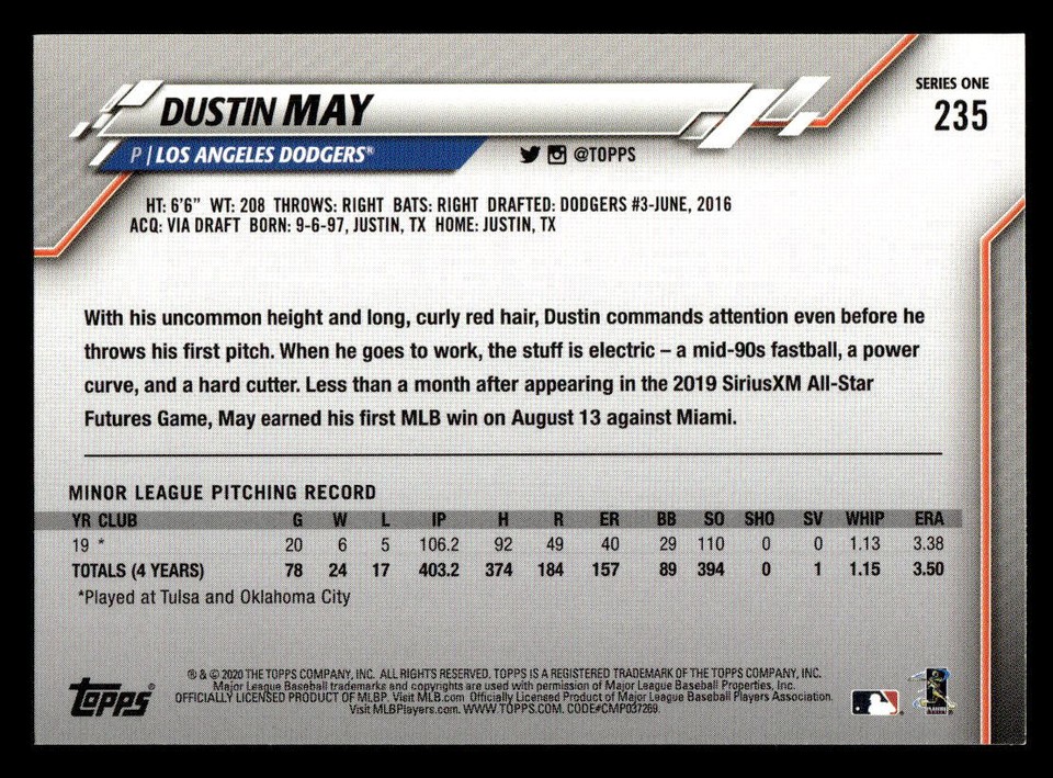 2020 Topps #235a Dustin May Rookie Card Los Angeles Dodgers | eBay