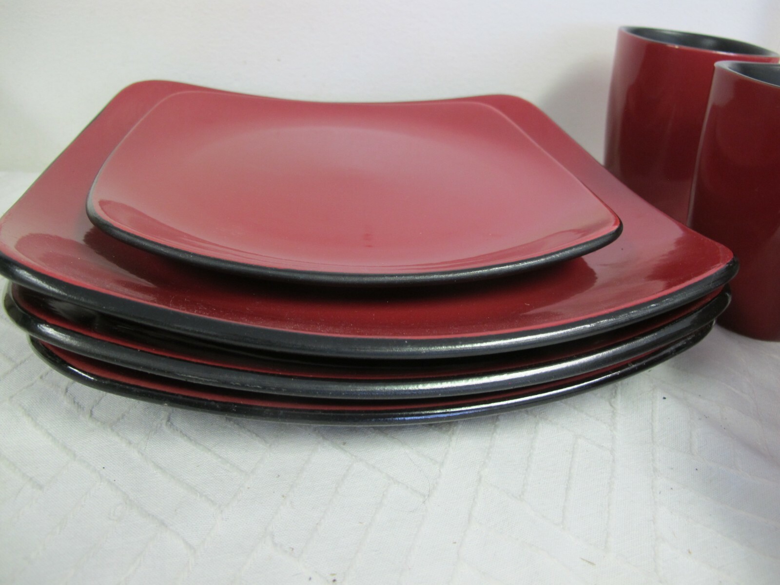CORELLE HEARTHSTONE STONEWARE CHILI RED DINNER PLATES SALAD PLATE MUGS ...