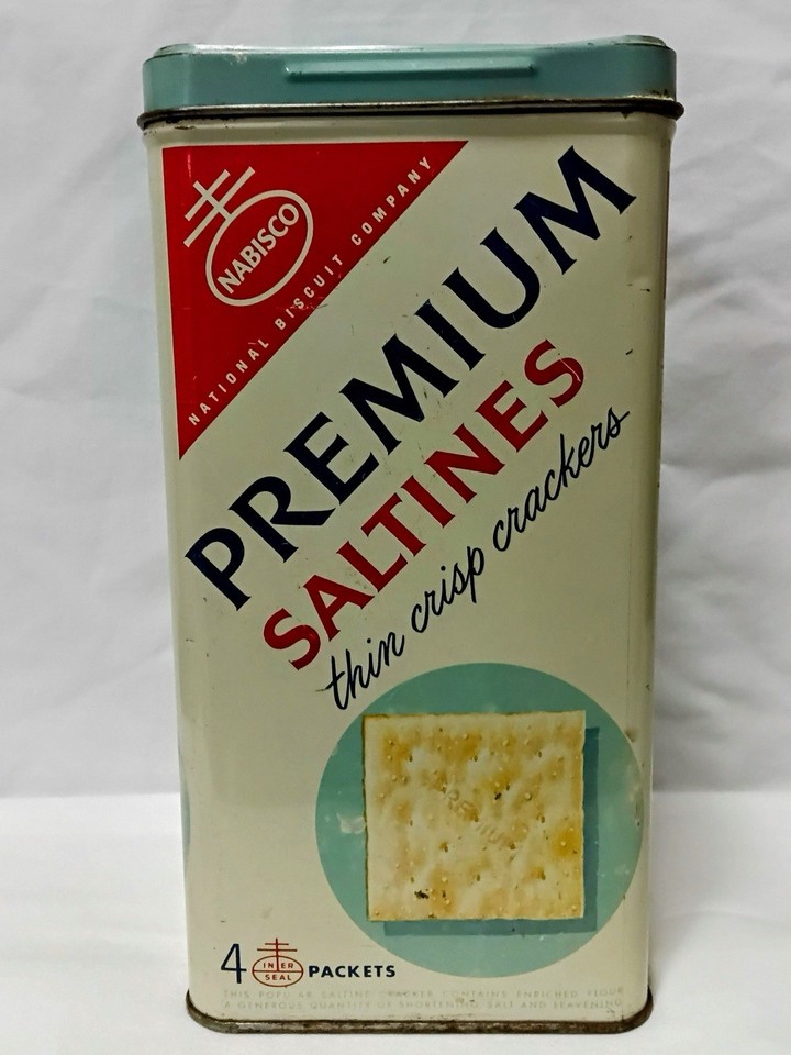 Vintage NABISCO PREMIUM SALTINE CRACKER Metal Container Tin Can Box 14 ...