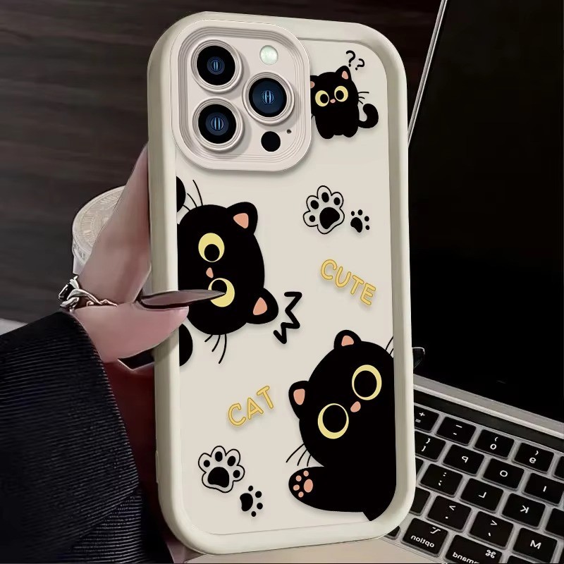 Cute Cartoon Black Cat Phone Case for iPhone 16, 16E, 15, 14, 13, 12 ...