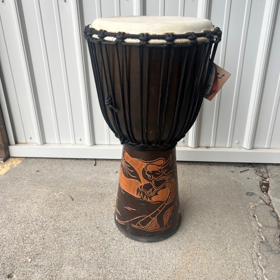 Djembe Standard line carve, 24" tall, 12" head, Dragon few tiny holes ...