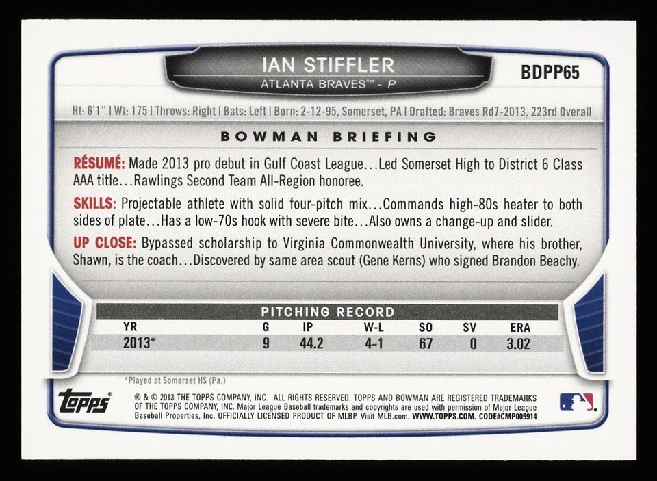2013 Bowman Draft Picks Ian Stiffler Prospect Atlanta Braves #BDPP65 | eBay