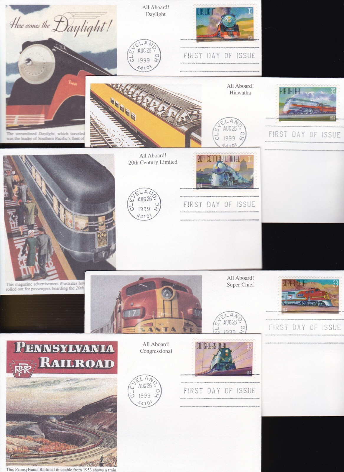 TRAINS ALL ABOARD #3333-37 SET OF 5 US FIRST DAY COVER 1999 MYSTIC ...