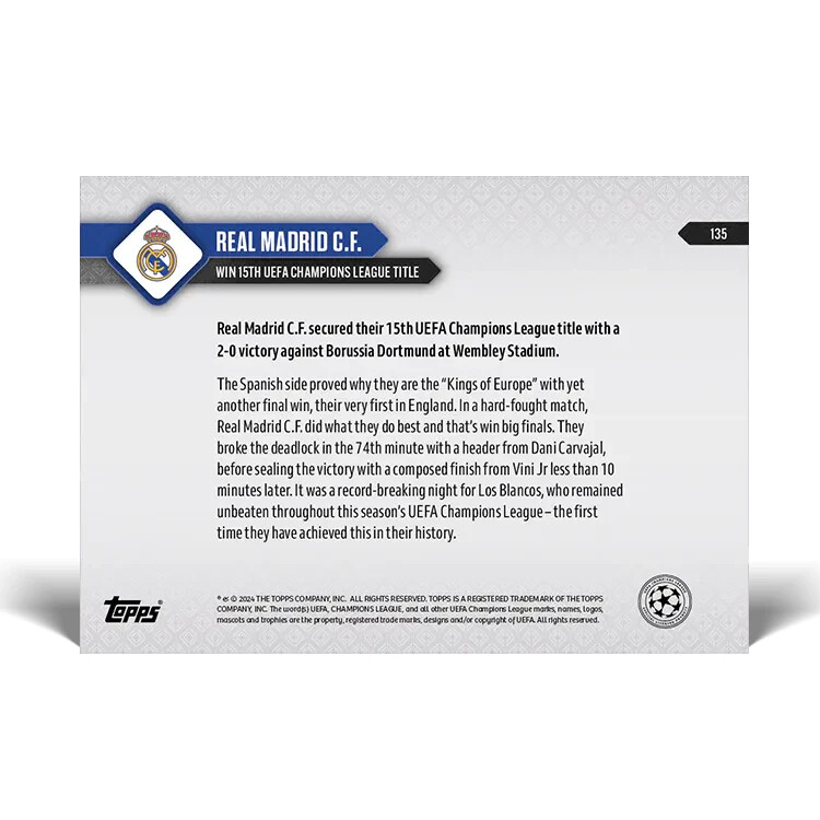 Topps Now UCL 23/24 - Card 135 - Real Madrid - Champions League Winners ...