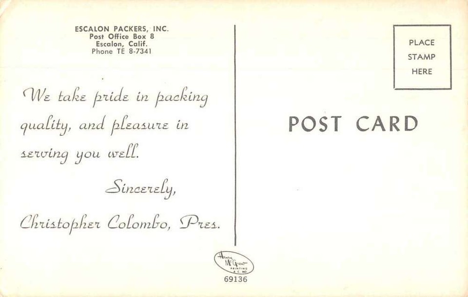 Escalon California Escalon Packers Birds Eye View Vintage Postcard ...