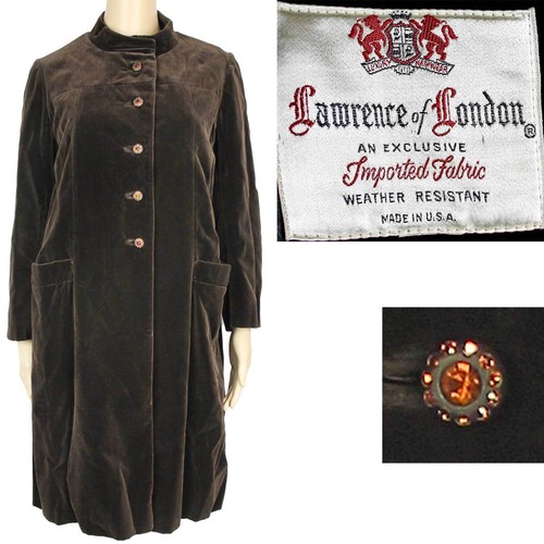 60s Vintage Lawrence of London Coat Brown Velvet Rhinestone Buttons Mod ...