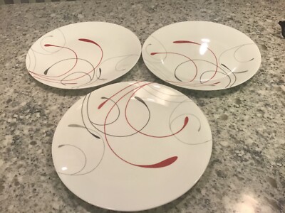 Lot of 3 Corelle Vitrelle Splendor Pattern Dinner plates red grey swirl ...