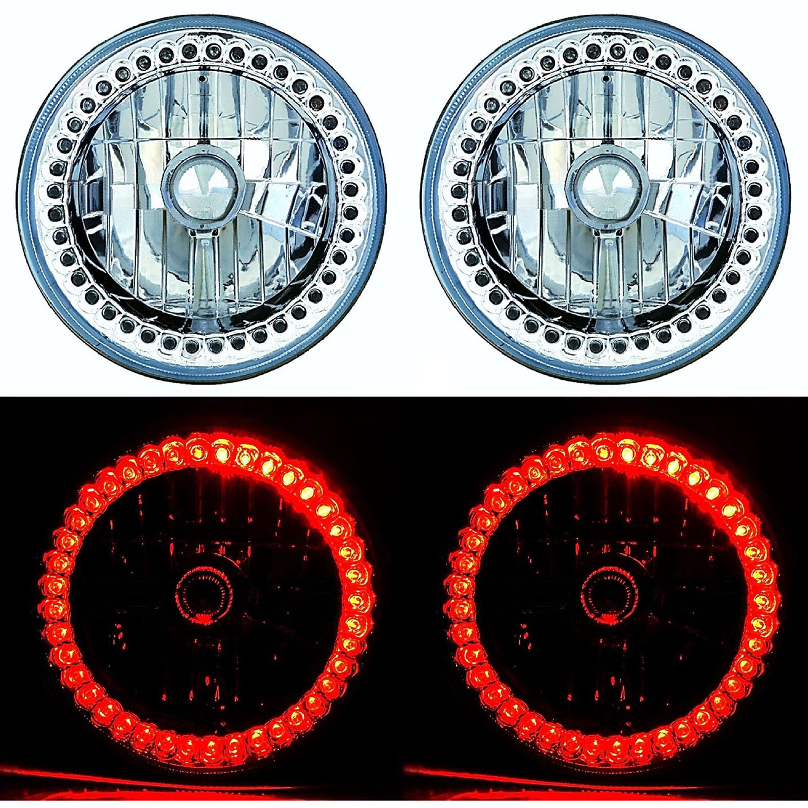 7" Halogen Red LED Halo Ring Angel Eyes Headlight Headlamp Light Bulbs ...