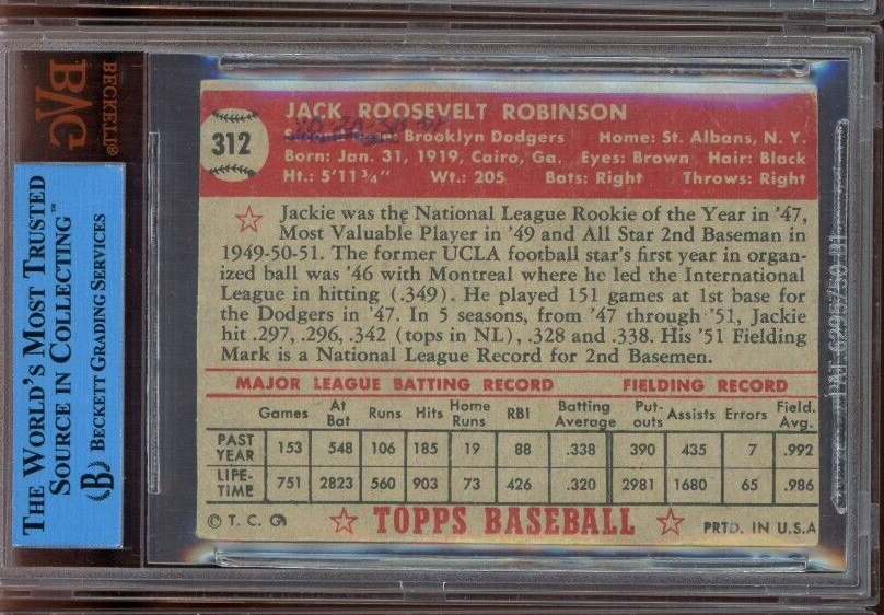 1952 Topps Jackie Robinson #312 Card HOF - Certified BVG Authentic ...