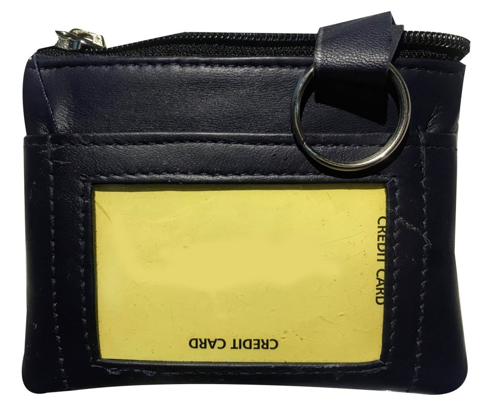 Genuine Leather Coin Purse ID Badge Key Chain Change Zip Holder Men ...